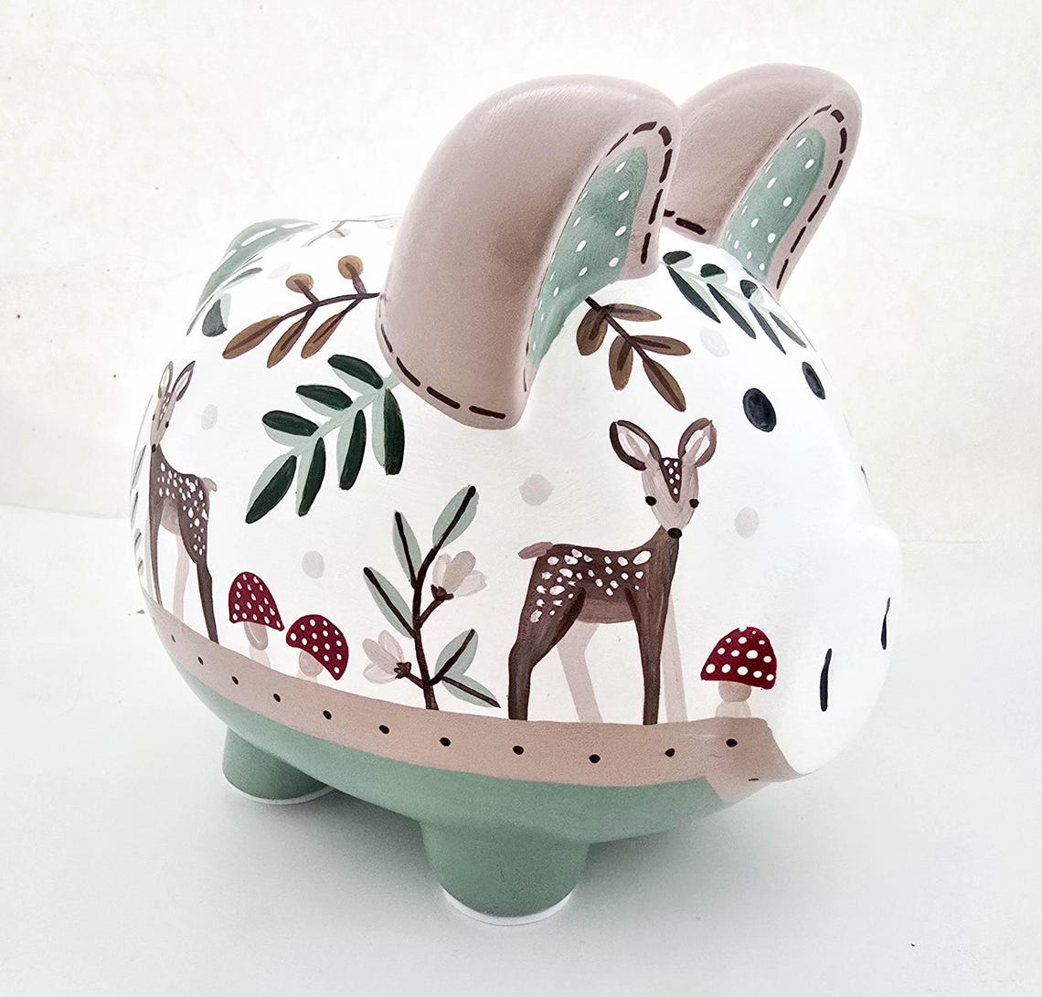 Woodland Deer Personalized Piggy Bank With Mushrooms | Sage Green and ...