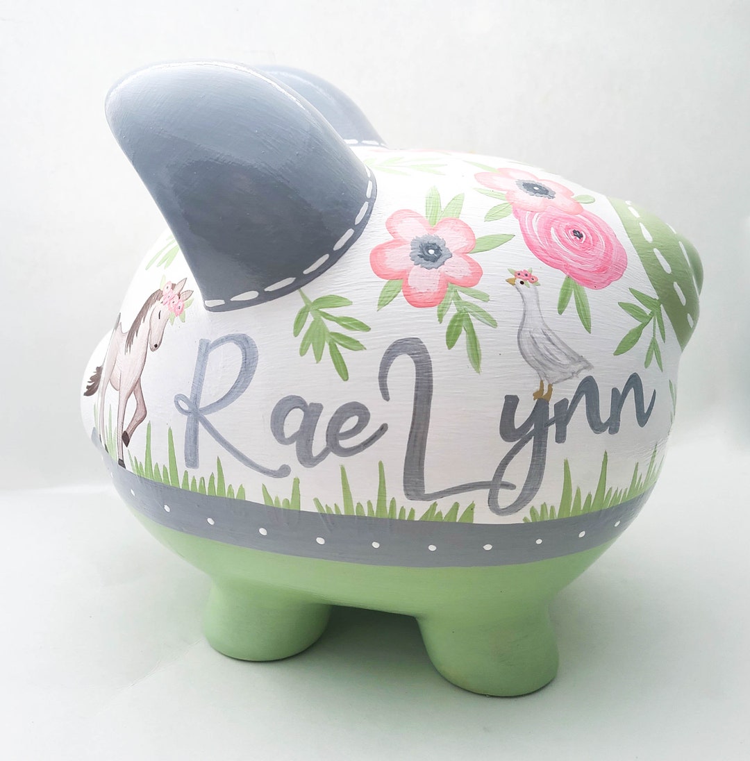 Personalized Farm Animals Piggy Bank, Floral Nursery Decor, Baby Girl ...