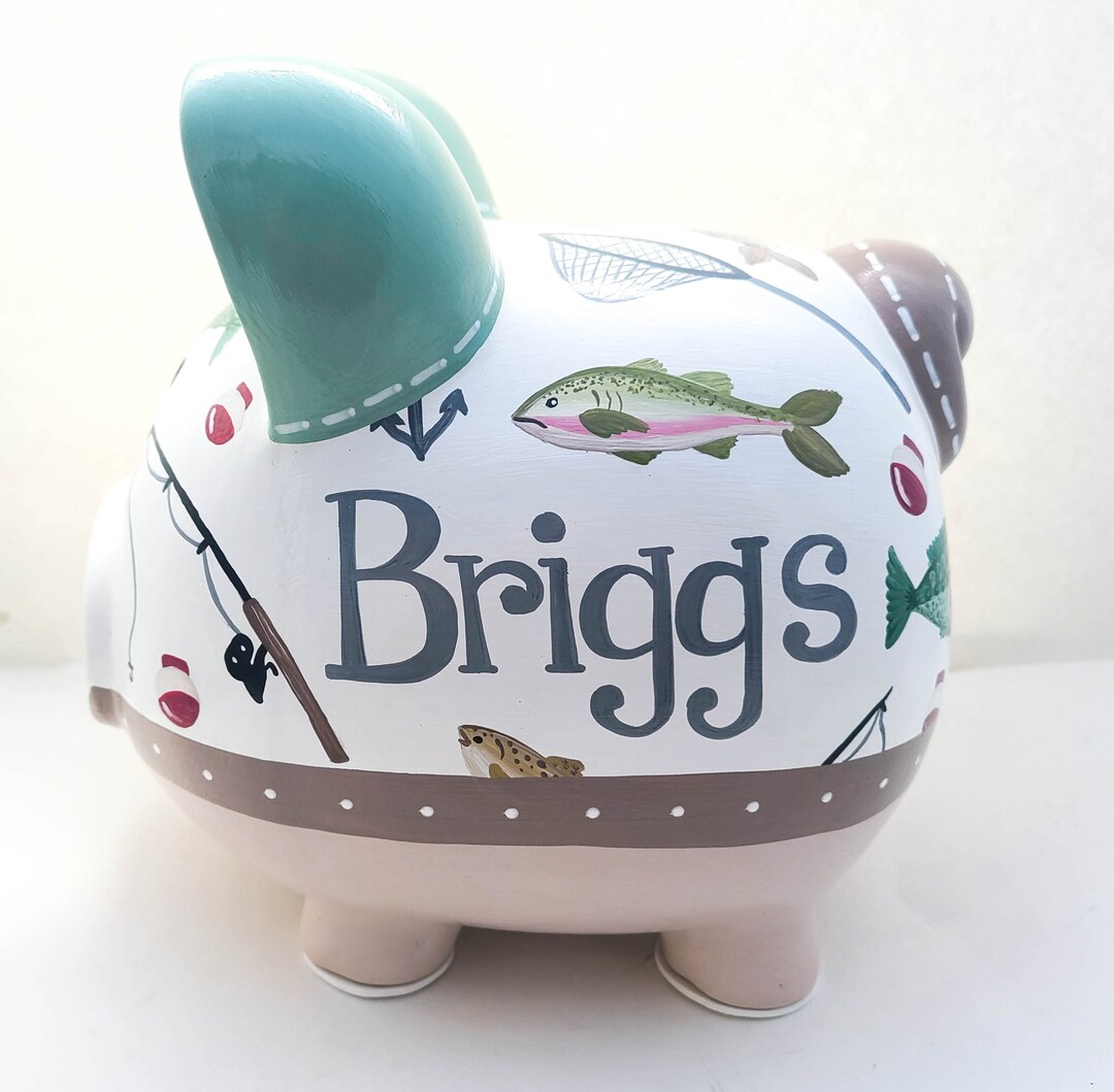 Fishing Themed Personalized Piggy Bank in Tan, Green and Brown ...