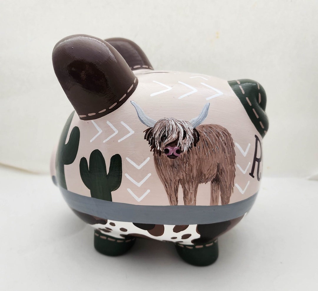Highland Cow, Scottish Personalized Piggy Bank With Cow Print in Brown ...