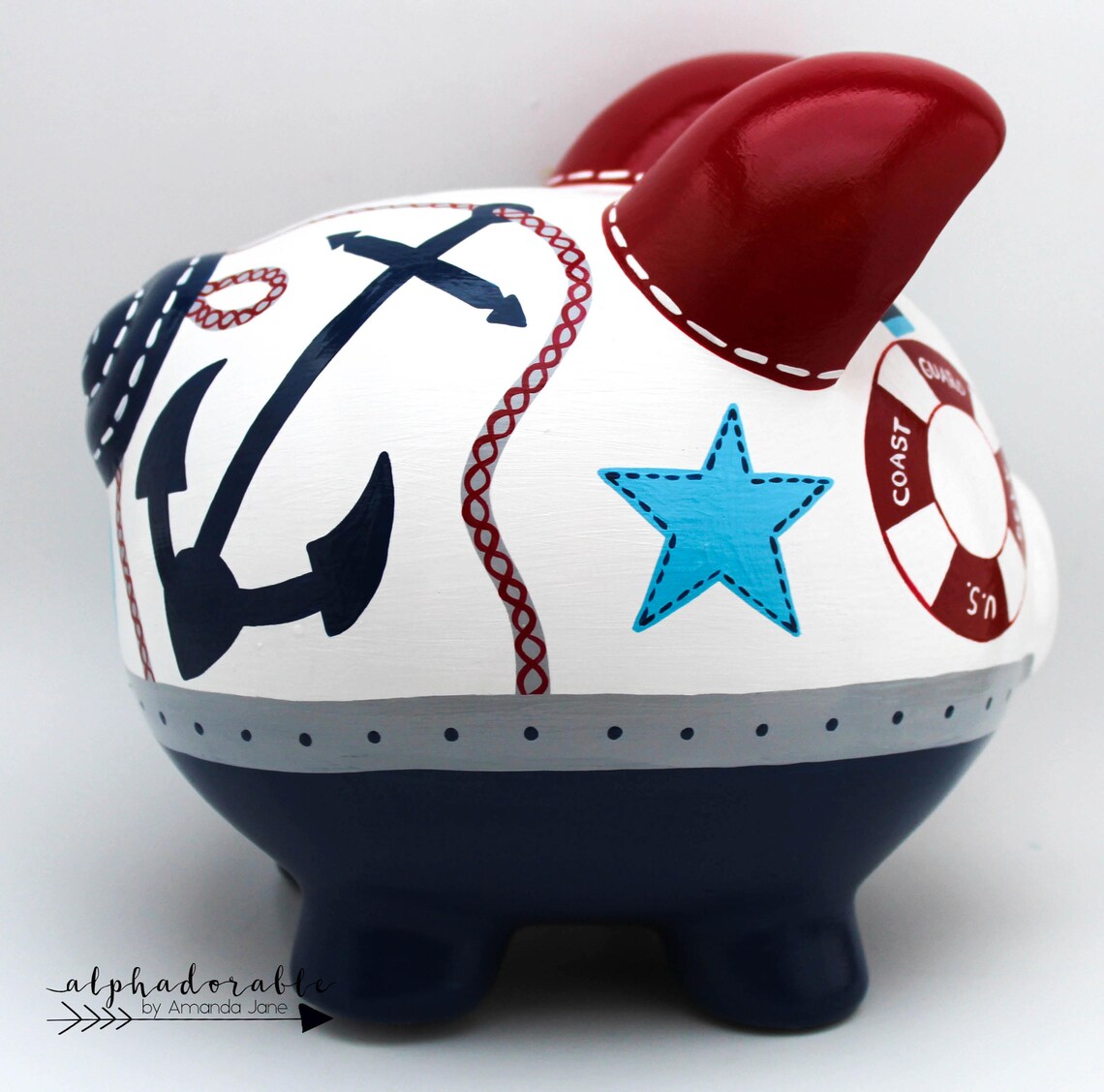 Nautical Sailboat Personalized Piggy Bank in Navy, Red and Grey - Etsy