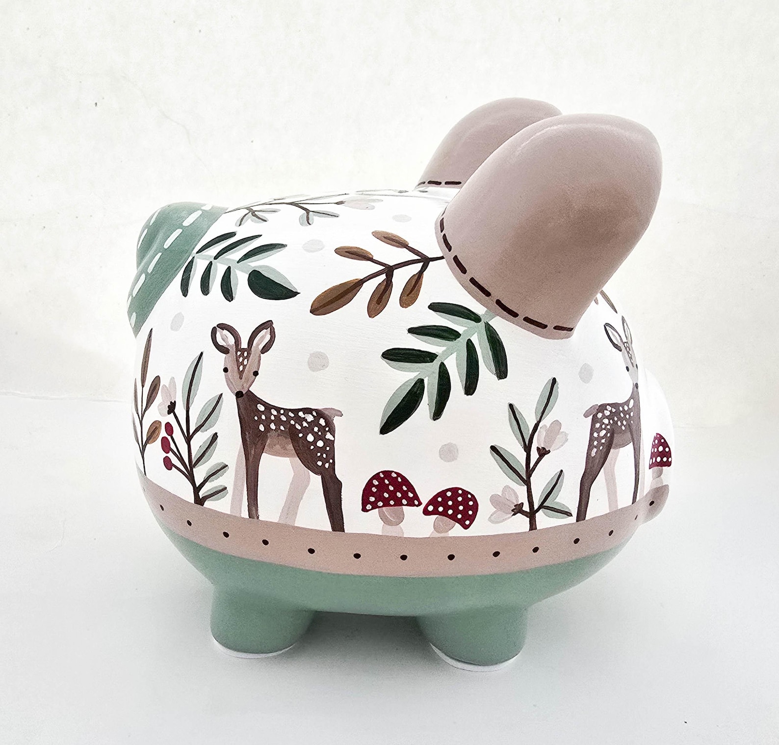 Woodland Deer Personalized Piggy Bank With Mushrooms | Sage Green and ...
