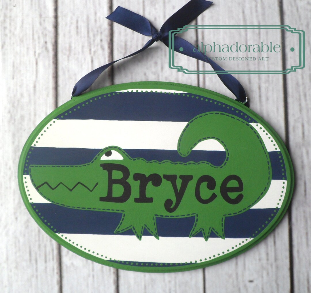 Alligator Madras Nursery Name Sign - Kids Door Plaque - 6x10" - Green ...