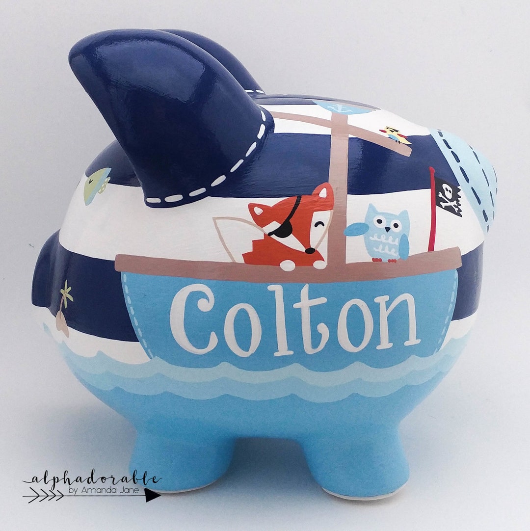 Personalized Nautical Pirate Piggy Bank, Hand Painted Pirate Ship, Navy ...