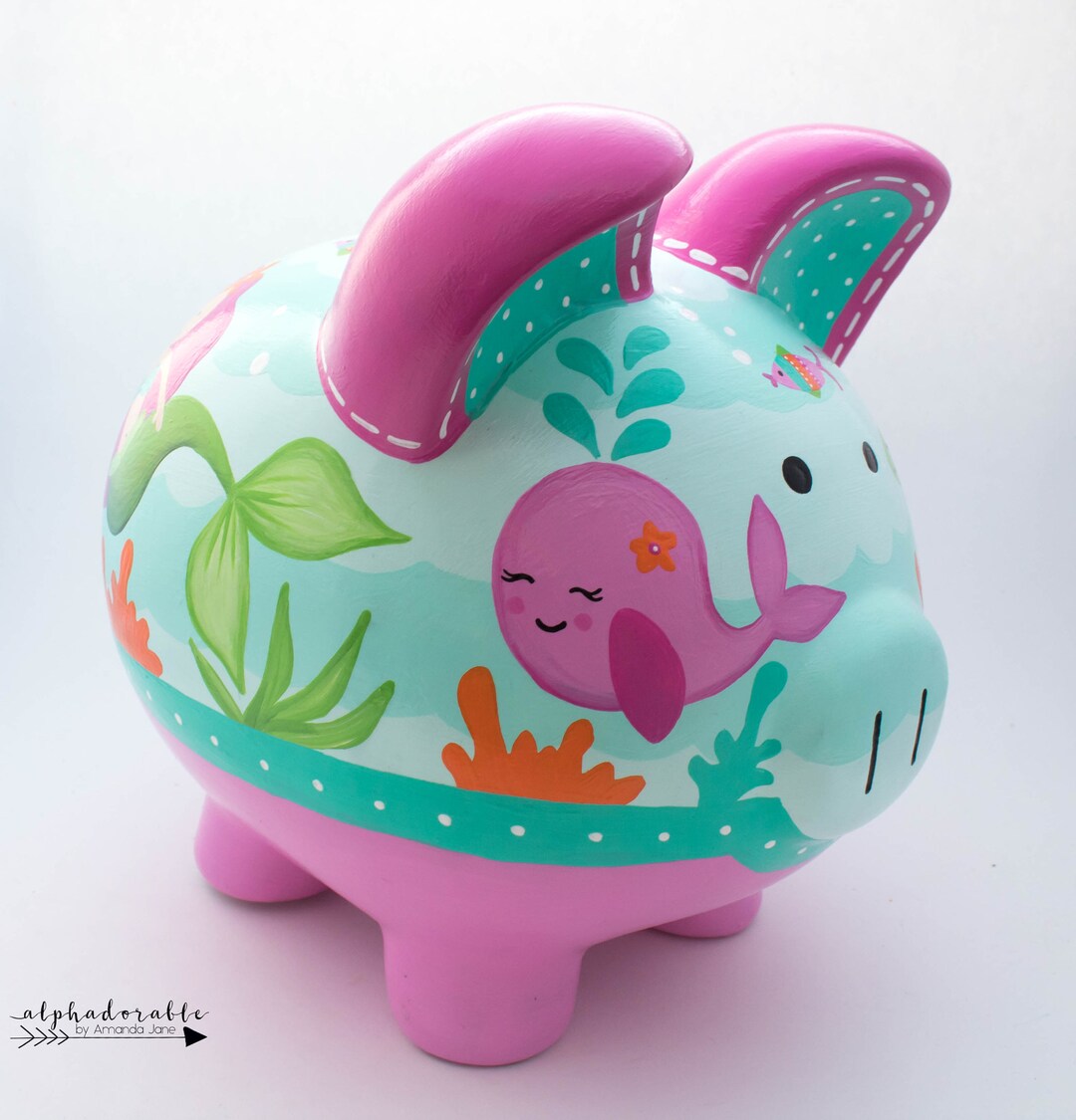 Mermaid Ocean Personalized Piggy Bank in Hot Pink and Turquoise - Etsy