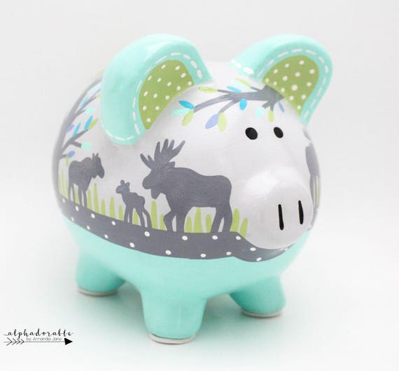 Personalized Moose Piggy Bank Turquoise Grey and Green Forest | Etsy