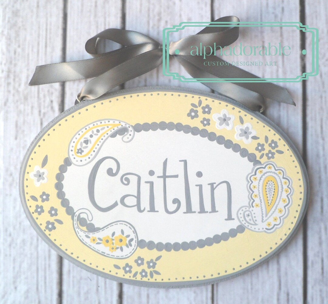 Paisley Nursery Name Sign - Kids Door Plaque - 6x10" - Yellow and Grey ...