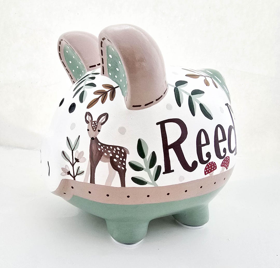 Woodland Deer Personalized Piggy Bank With Mushrooms | Sage Green and ...