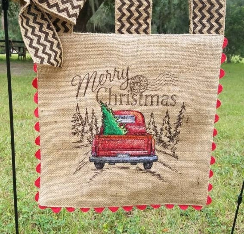Embroidered Christmas Tree Retro Truck - Custom Burlap Garden Flag ...