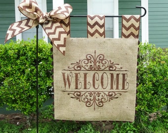 Burlap Garden Flag Welcome Flag Matching Chevron Tabs and | Etsy