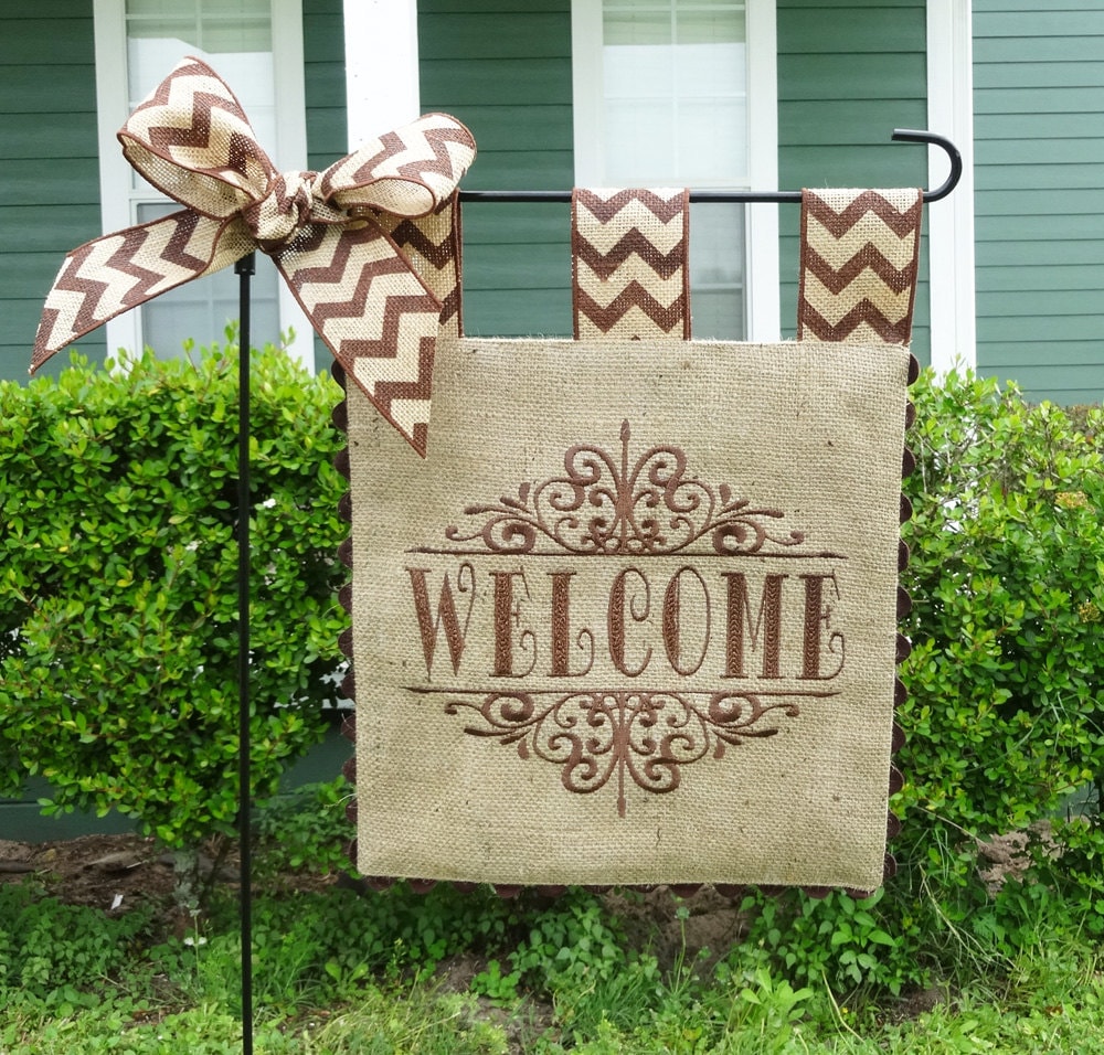 Burlap Garden Flag - Welcome Flag - Matching Chevron Tabs and Bow ...