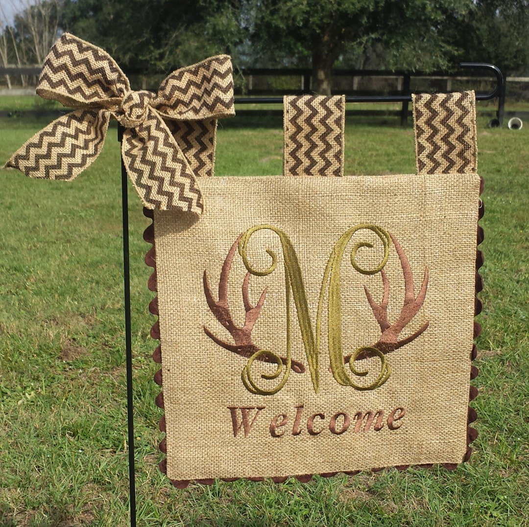 Custom Monogram Burlap Garden Flag - Antlers- Matching Chevron Tabs and Bow - Etsy