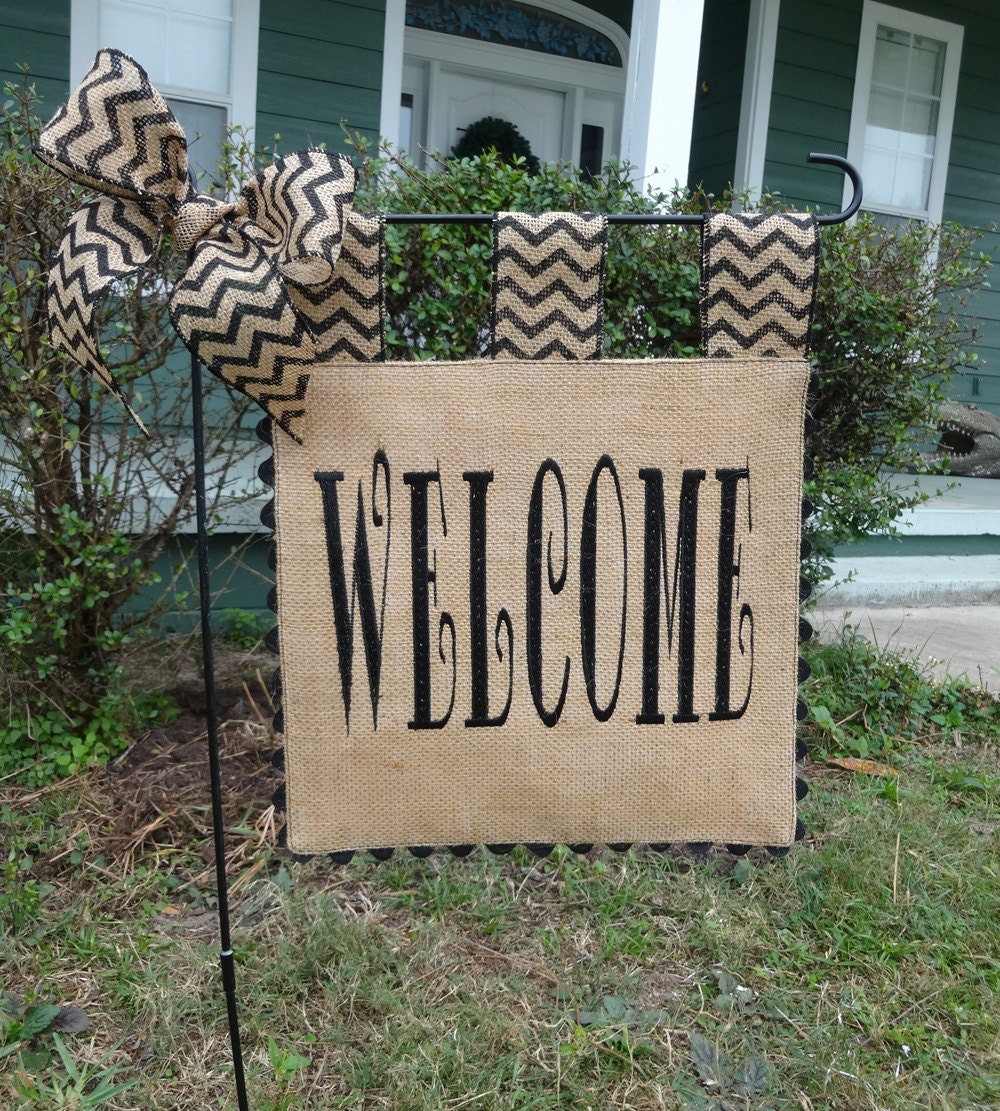 Burlap Garden Flag - Welcome Flag - Matching Chevron Tabs and Bow - Etsy