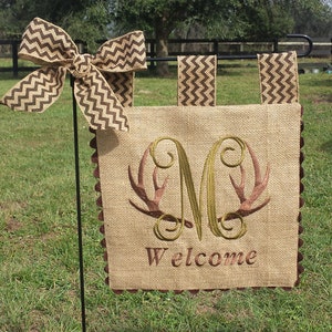 Custom Monogram Burlap Garden Flag - Antlers- Matching Chevron Tabs and Bow - Etsy