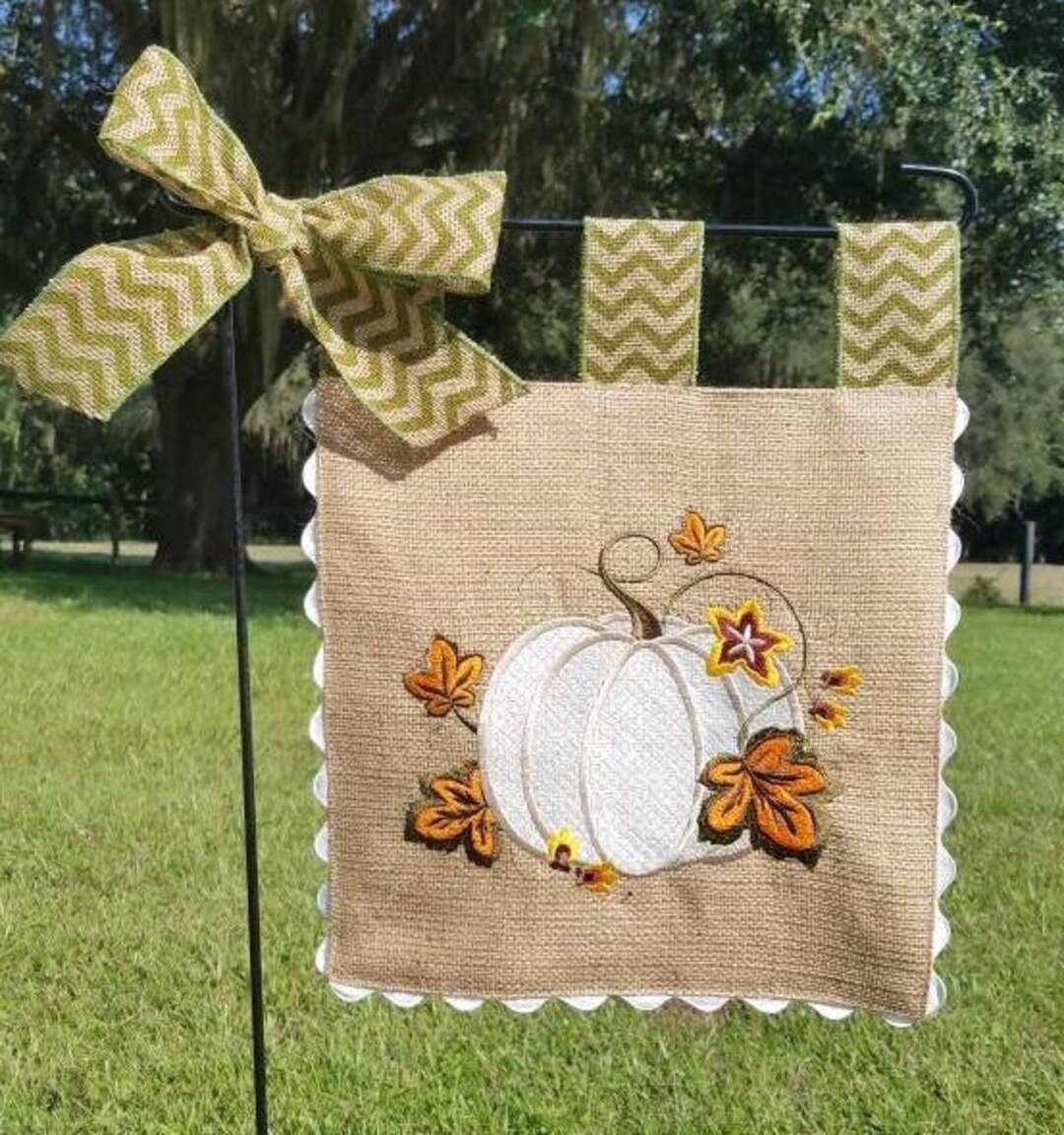 Burlap Garden Flag - Embroidered Fall Pumpkin - Matching Chevron Tabs ...