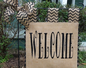 Burlap Garden Flag Welcome Flag Matching Chevron Tabs and - Etsy