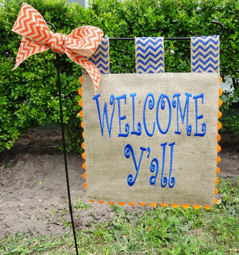 Burlap Garden Flag - Welcome Yall Flag - Matching Chevron Tabs and Bow ...