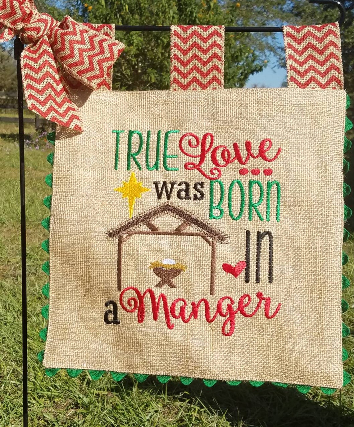 Burlap Garden Flag - Embroidery - Nativity Word Art - True Love Was ...