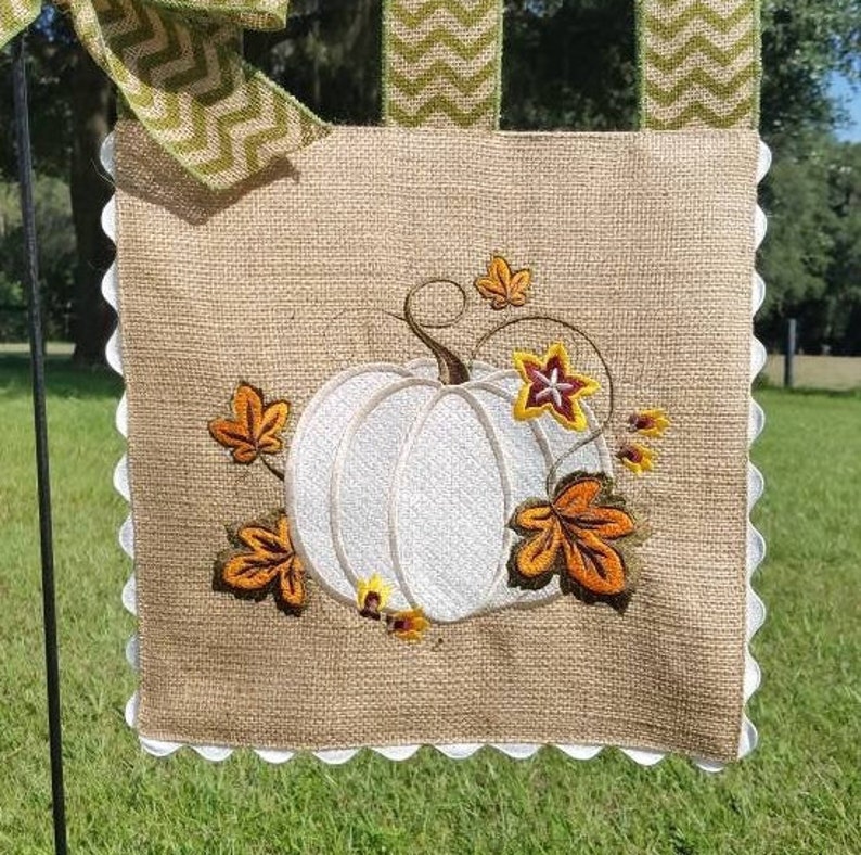 Burlap Garden Flag - Embroidered Fall Pumpkin - Matching Chevron Tabs ...