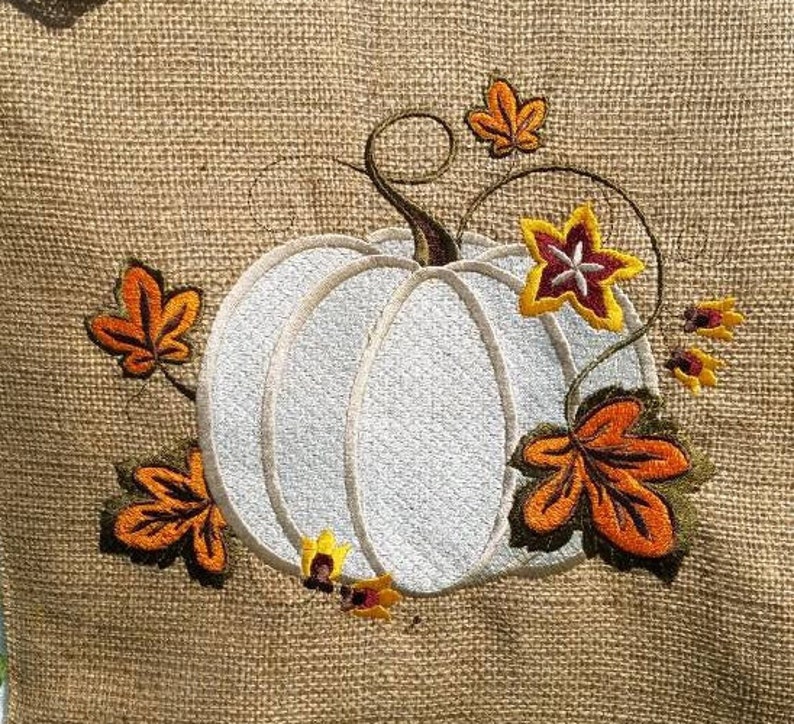 Burlap Garden Flag - Embroidered Fall Pumpkin - Matching Chevron Tabs ...
