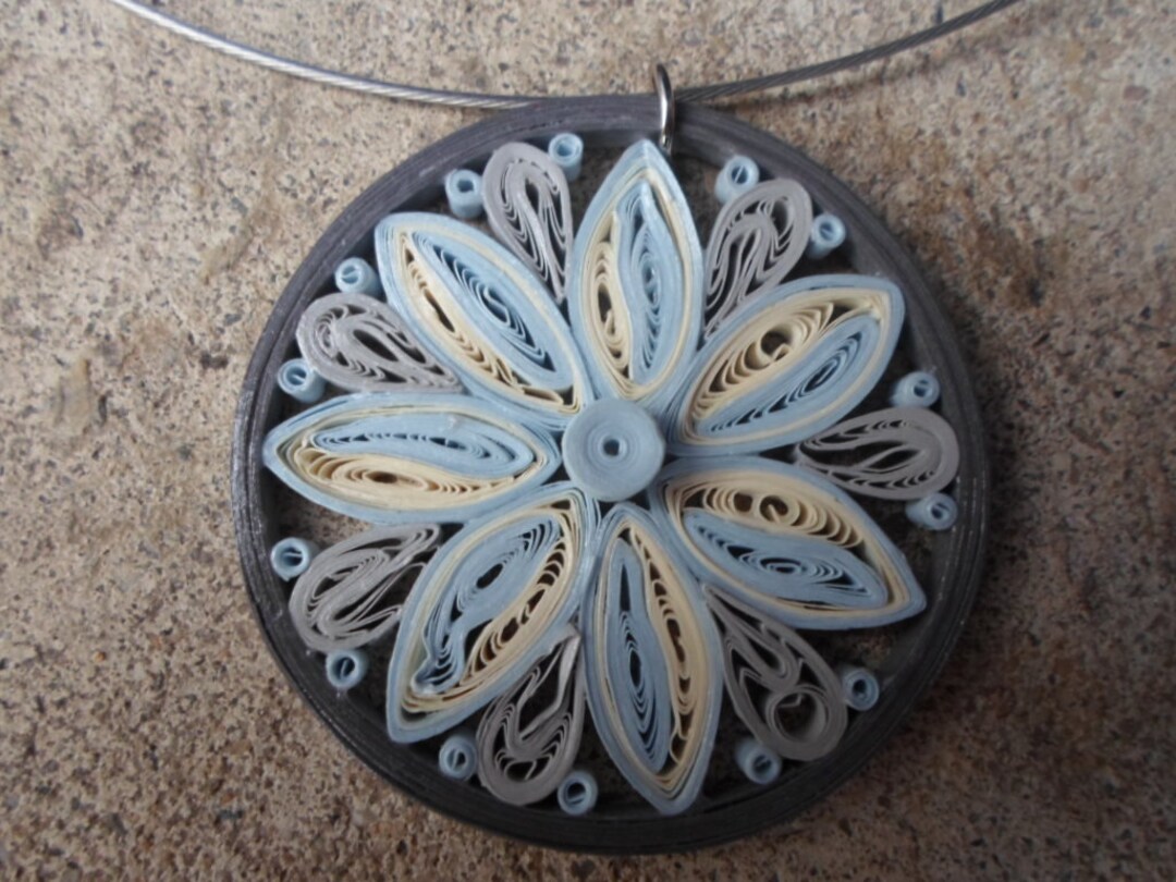 Big Round Paper Filigree Pendant Necklace Statement Necklace Blue Gray ...