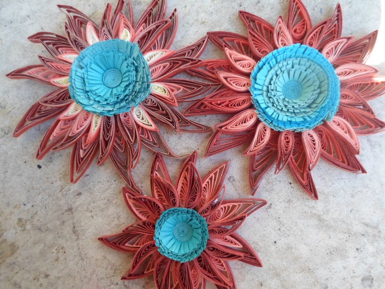 Quilled Paper Flower Wall Art: Coral & Turquoise Set of 3 - Etsy