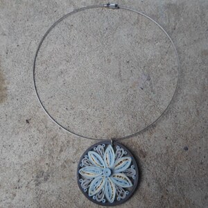 Big Round Paper Filigree Pendant Necklace Statement Necklace Blue Gray ...