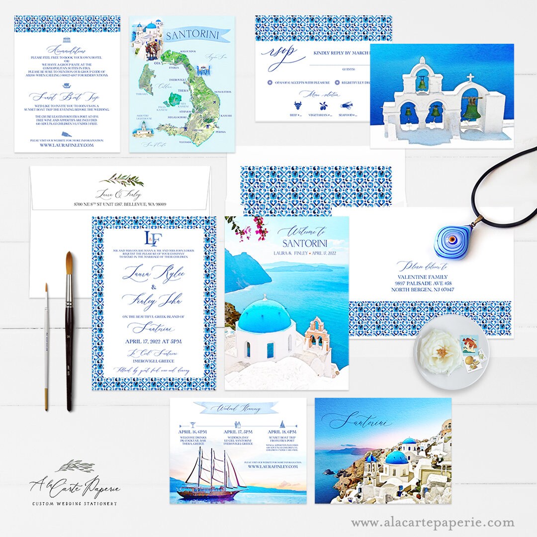 Santorini Greece Destination Wedding Invitation Greek Island Watercolor ...