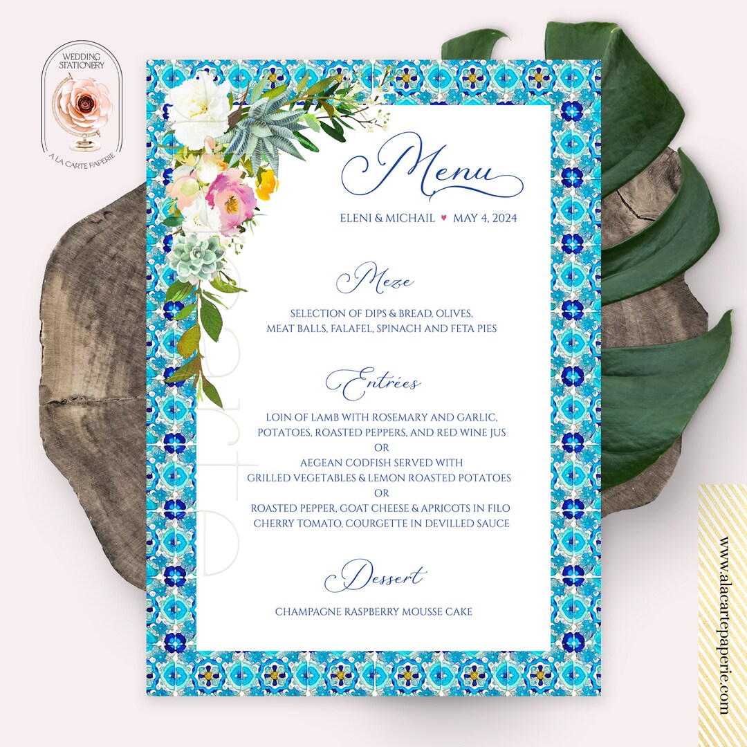 Wedding Menu Mediterranean Tile Border Watercolor Mexican Tile ...