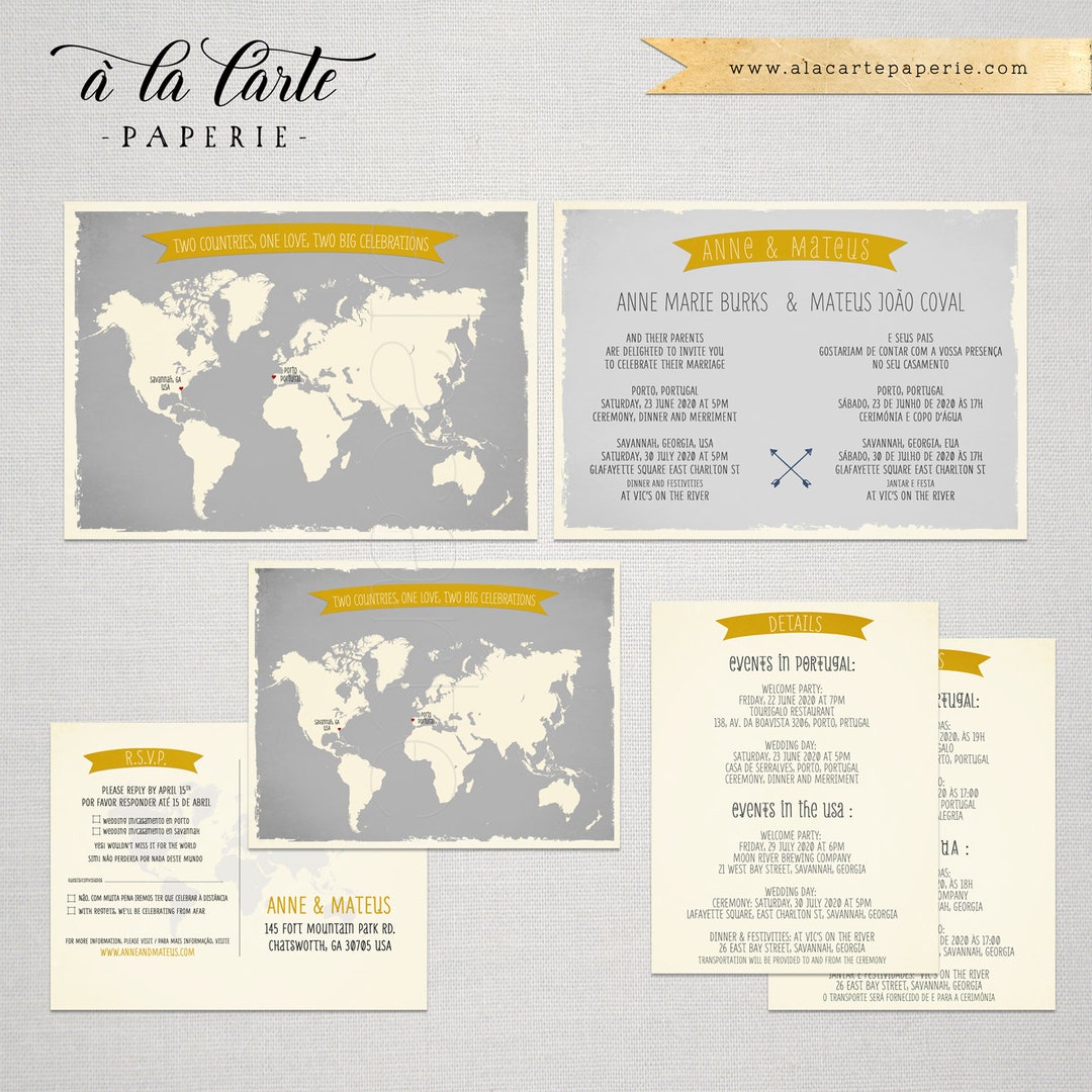 Destination Wedding Invitation World Map Bilingual Invitation - Etsy