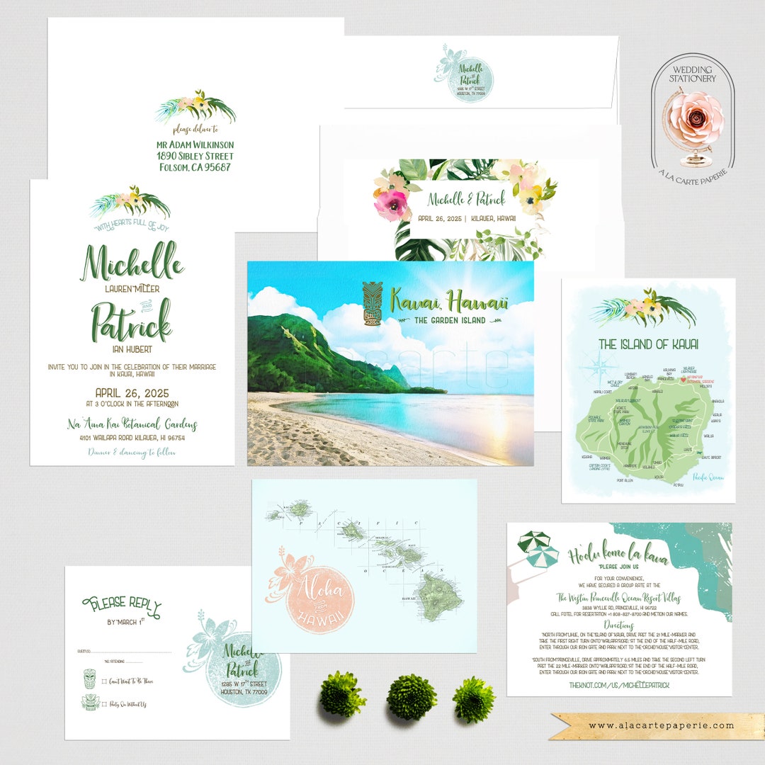 Kauai Hawaii Destination Wedding Invitation Hawaiian Island Watercolor ...