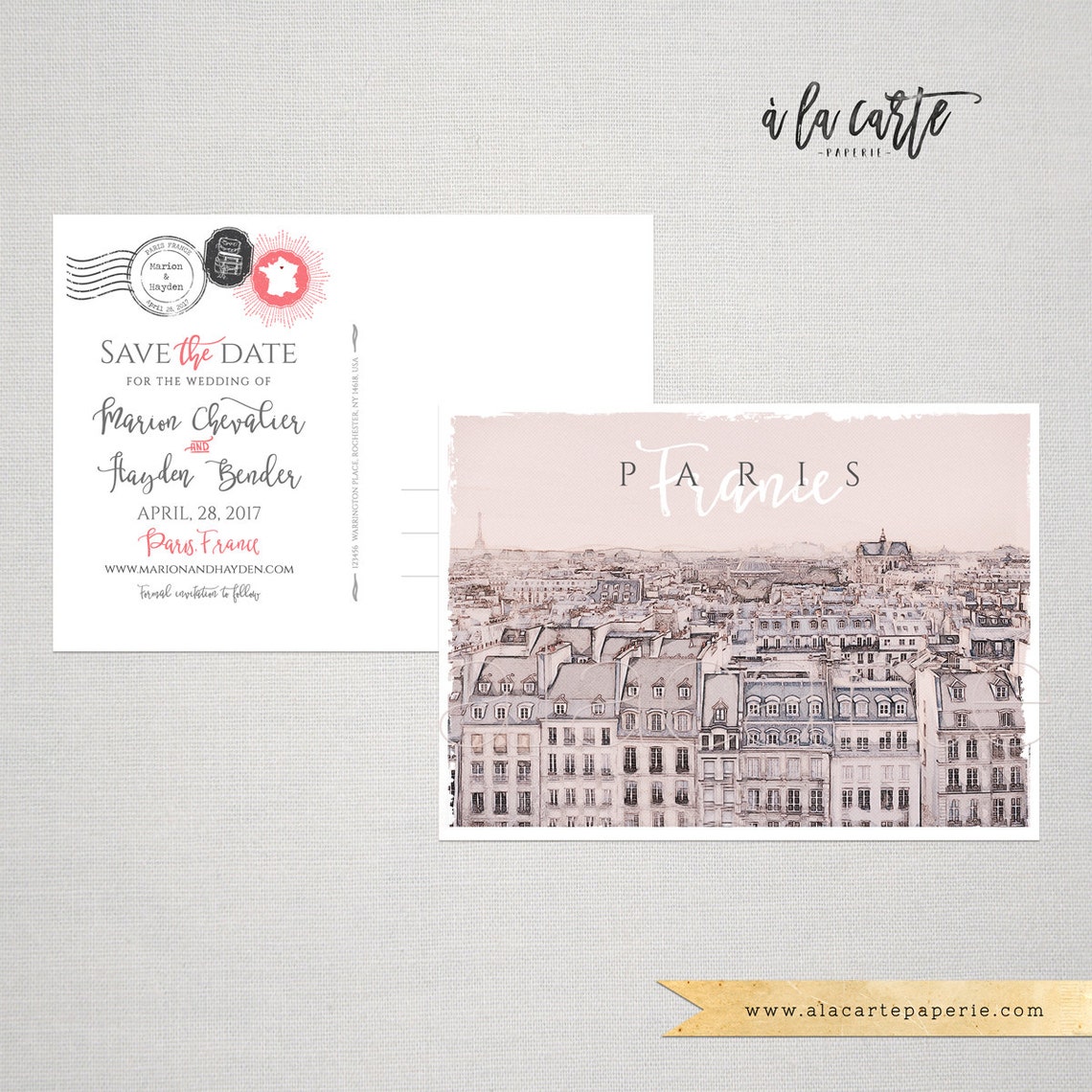 Paris France Destination Wedding Illustrated Invitation | Etsy