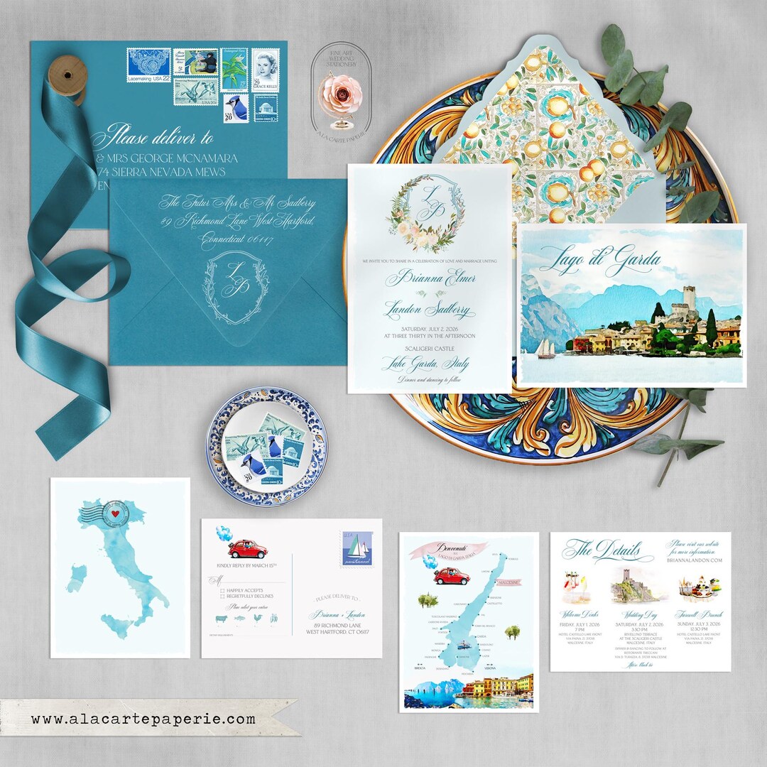 Lake Garda Italy Wedding Invitation Suite: Scaligeri Castle Watercolor ...