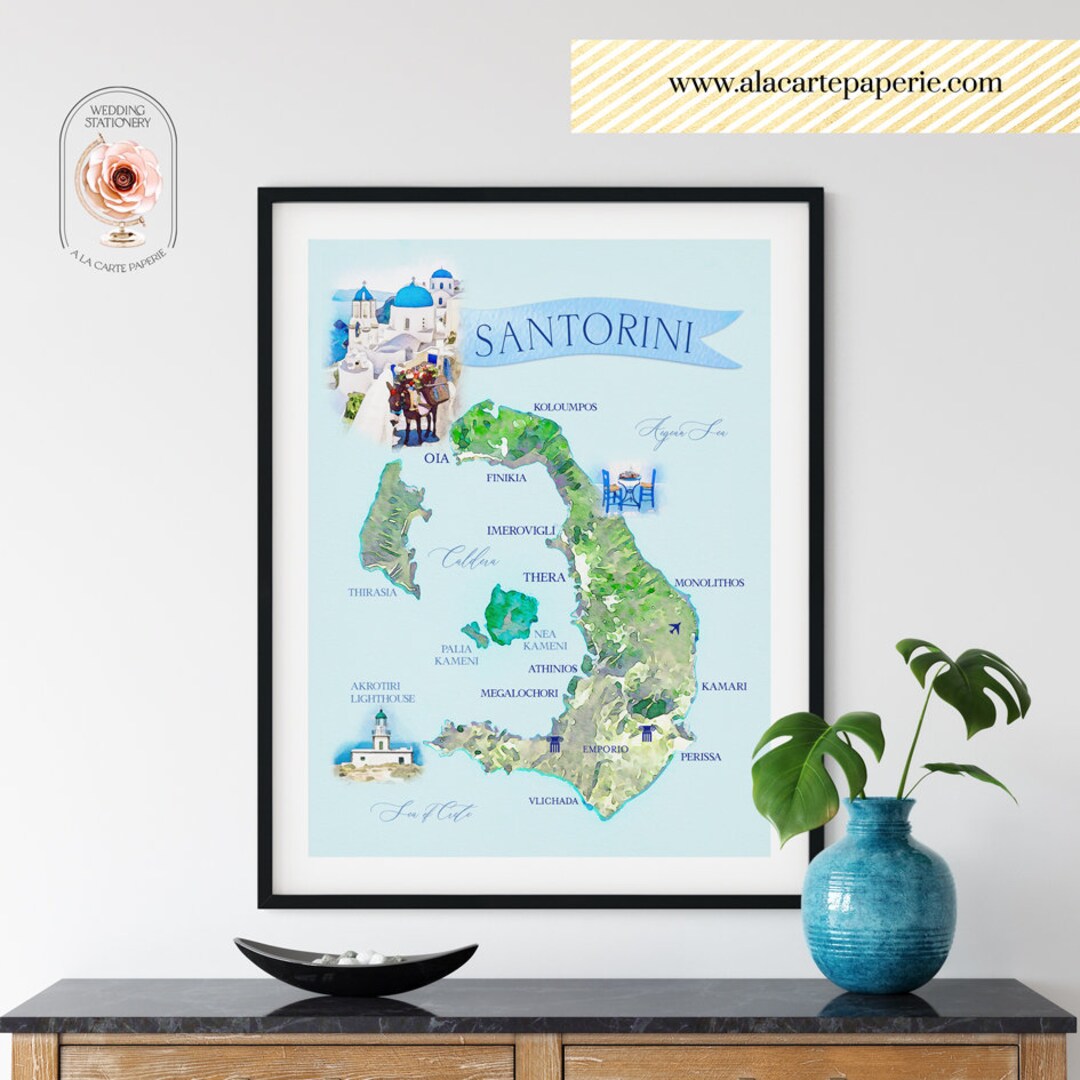 Santorini Greece Greek Island Illustrated Watercolor Map Art Print ...