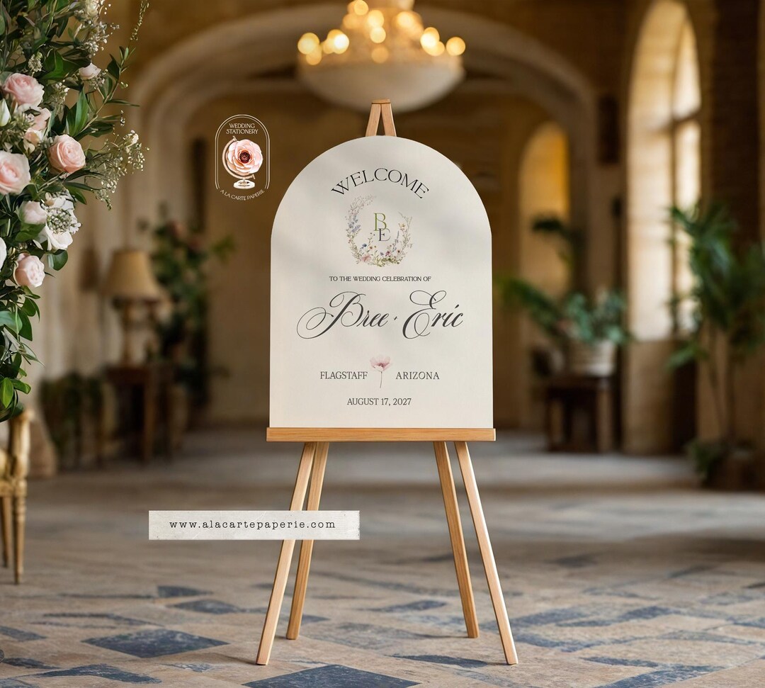 Wedding Welcome Sign Elegant Script Monogram Wild Flower Crest Arizona ...