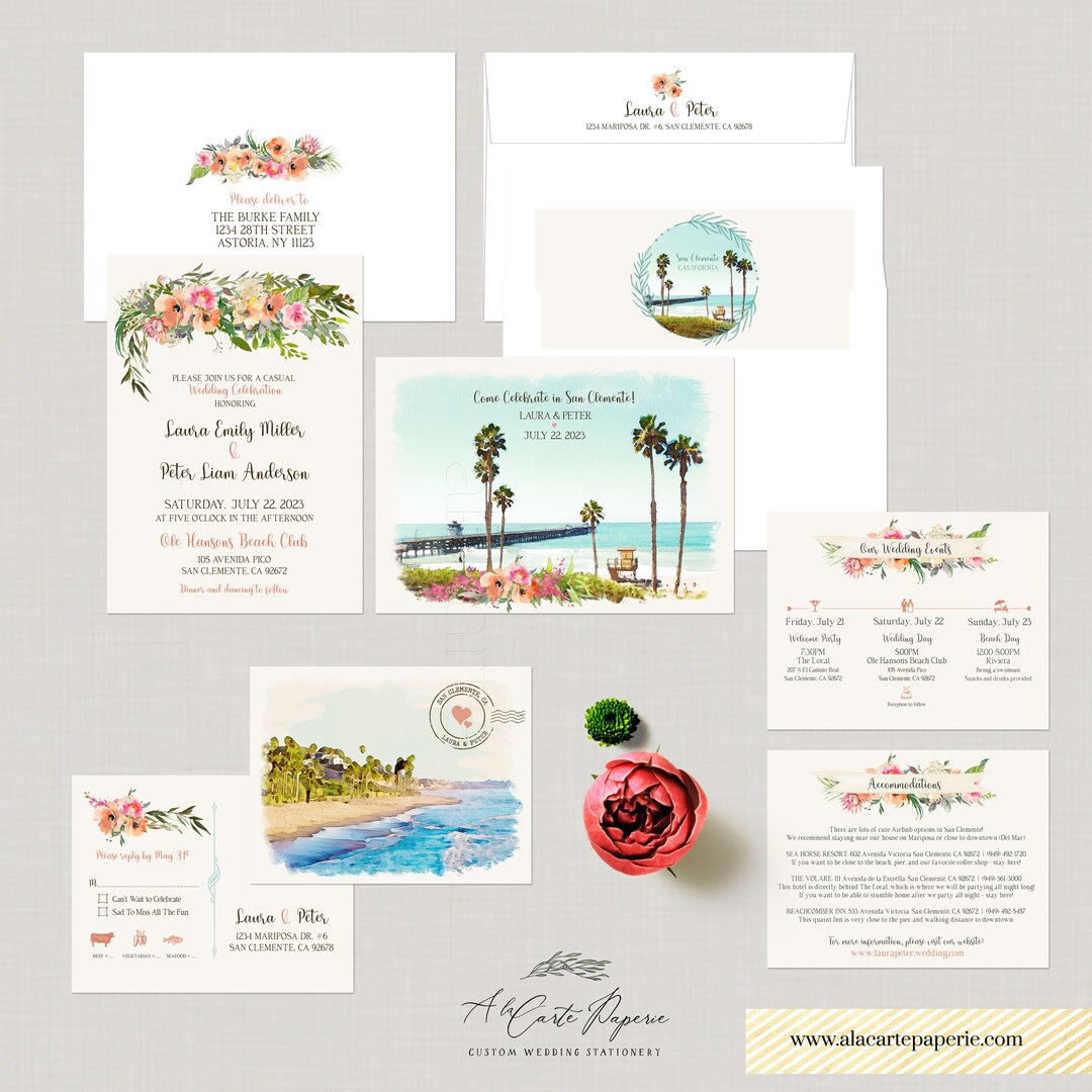 San Clemente CA California Destination Wedding Invitation Watercolor ...