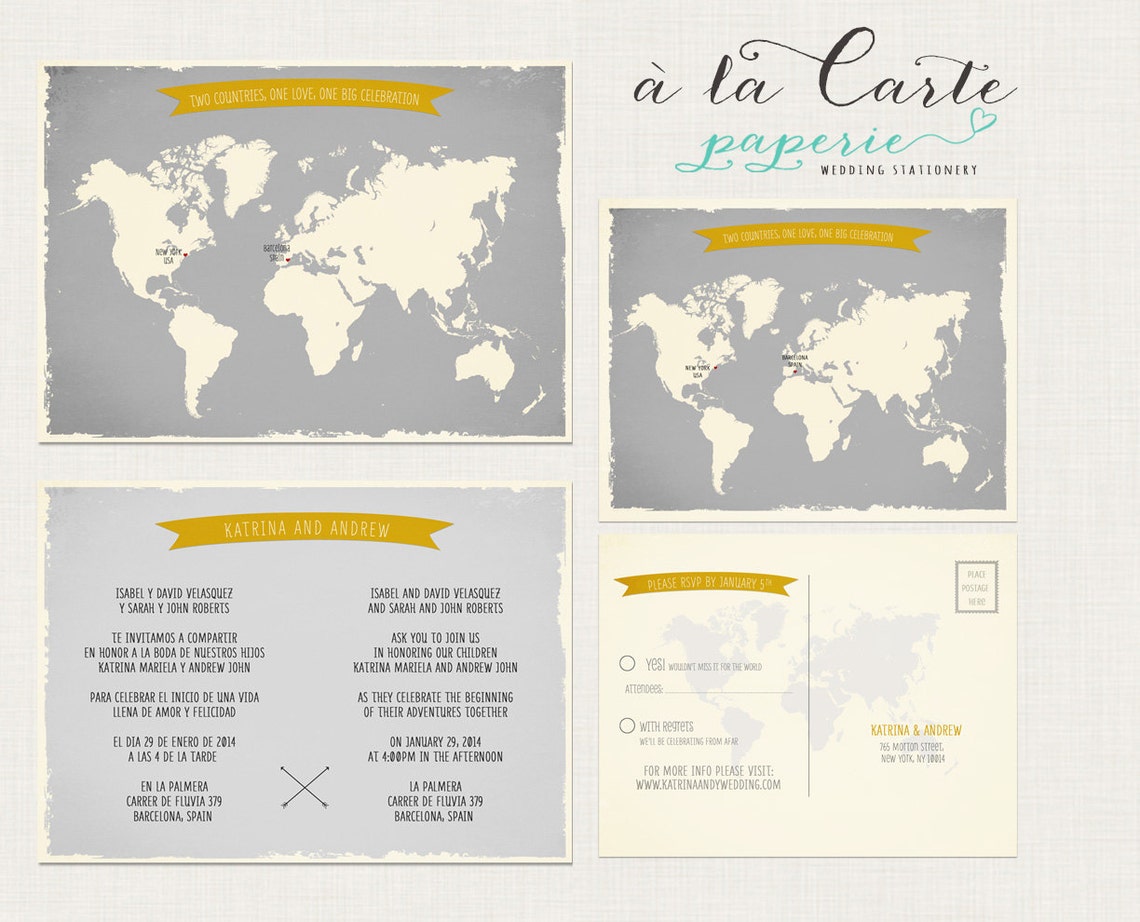 Destination Wedding Invitation World Map Bilingual Invitation - Etsy
