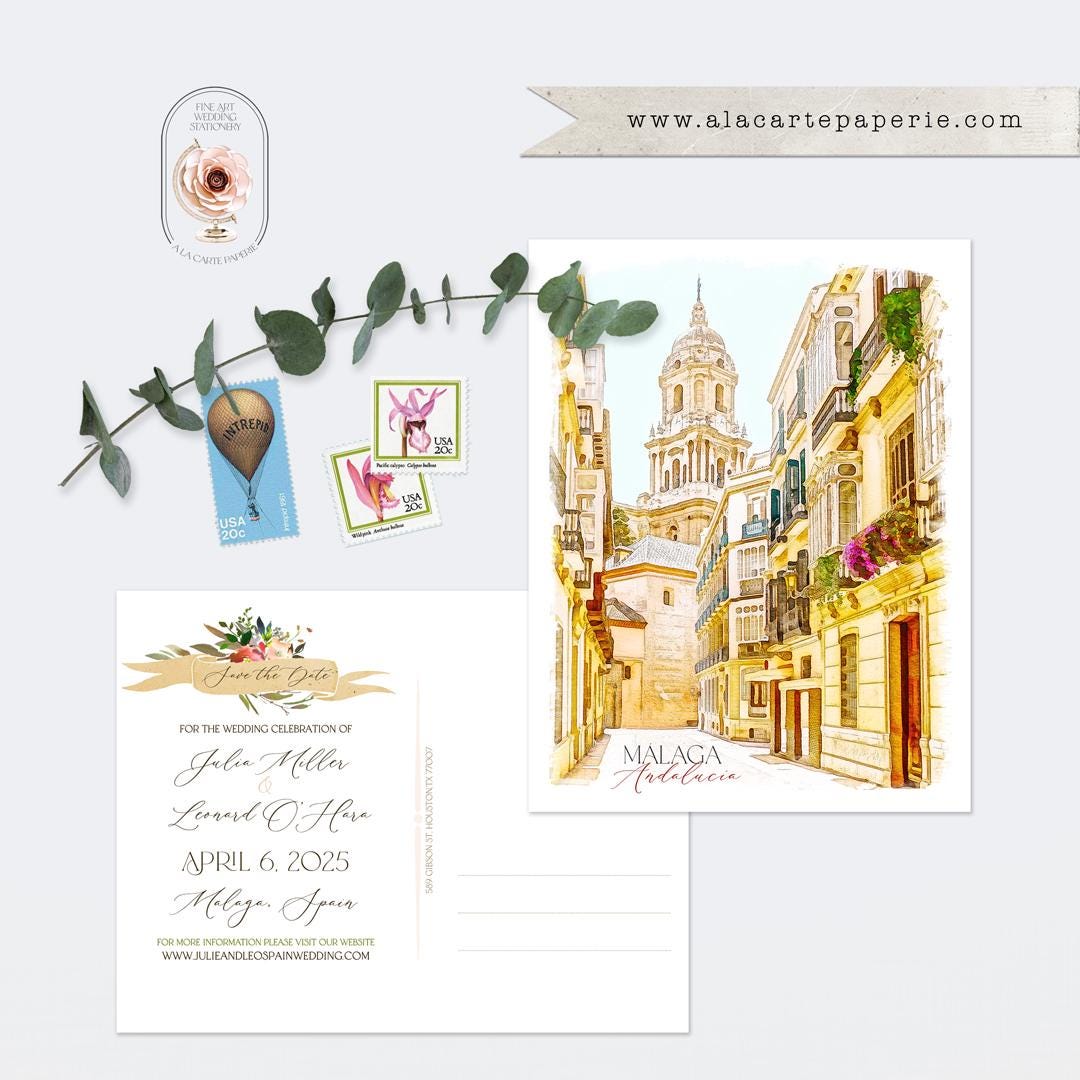 Malaga Spain Wedding Save the Date Postcards – Watercolor Illustration ...