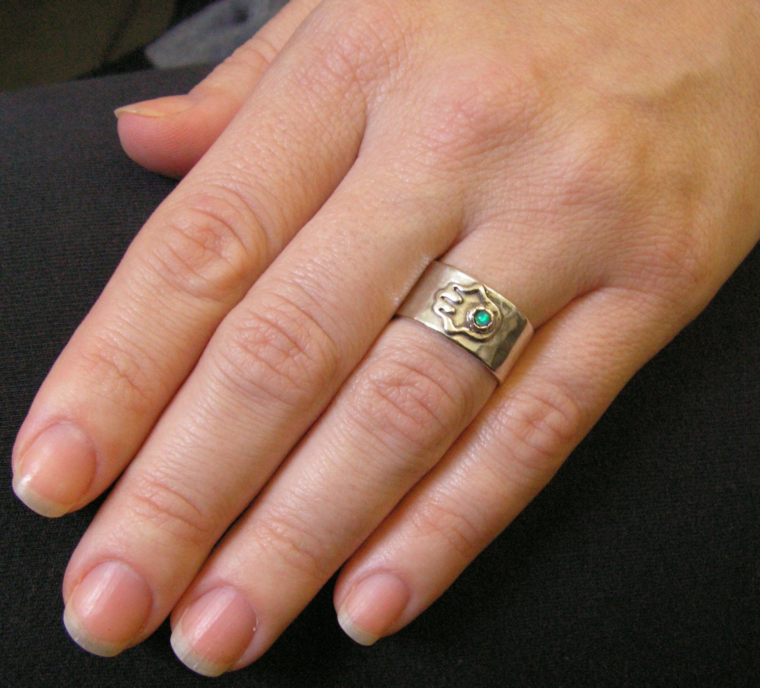 Sterling Silver Opal Ring. Wide Ring. Boho Opal Ring. Hamsa Opal Ring ...