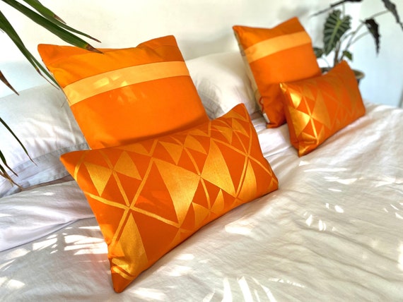 Bright Orange Bolster Pillow Statement Cushion in Bold Geometric Metallic Gold Made in London From Rare Vintage Artisan Japanese Obi Silk Etsy UK
