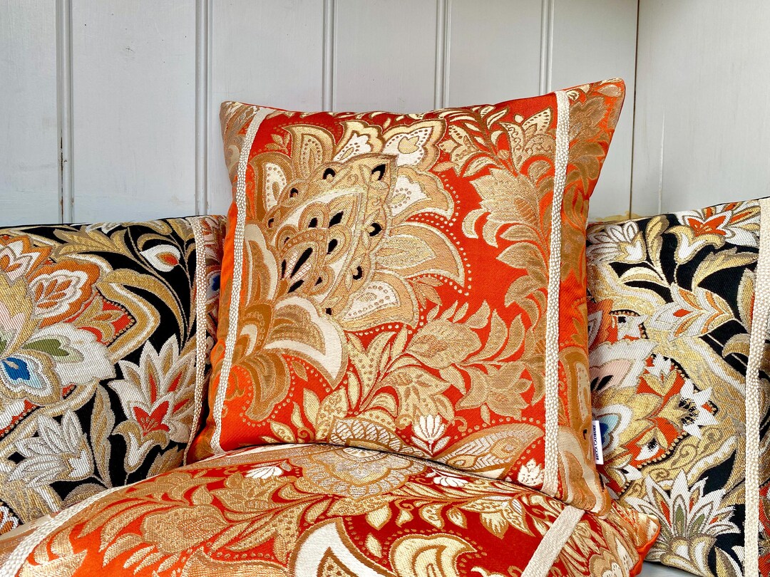 Orange and Gold Statement Cushion Arabesque Japanese Obi Silk - Etsy