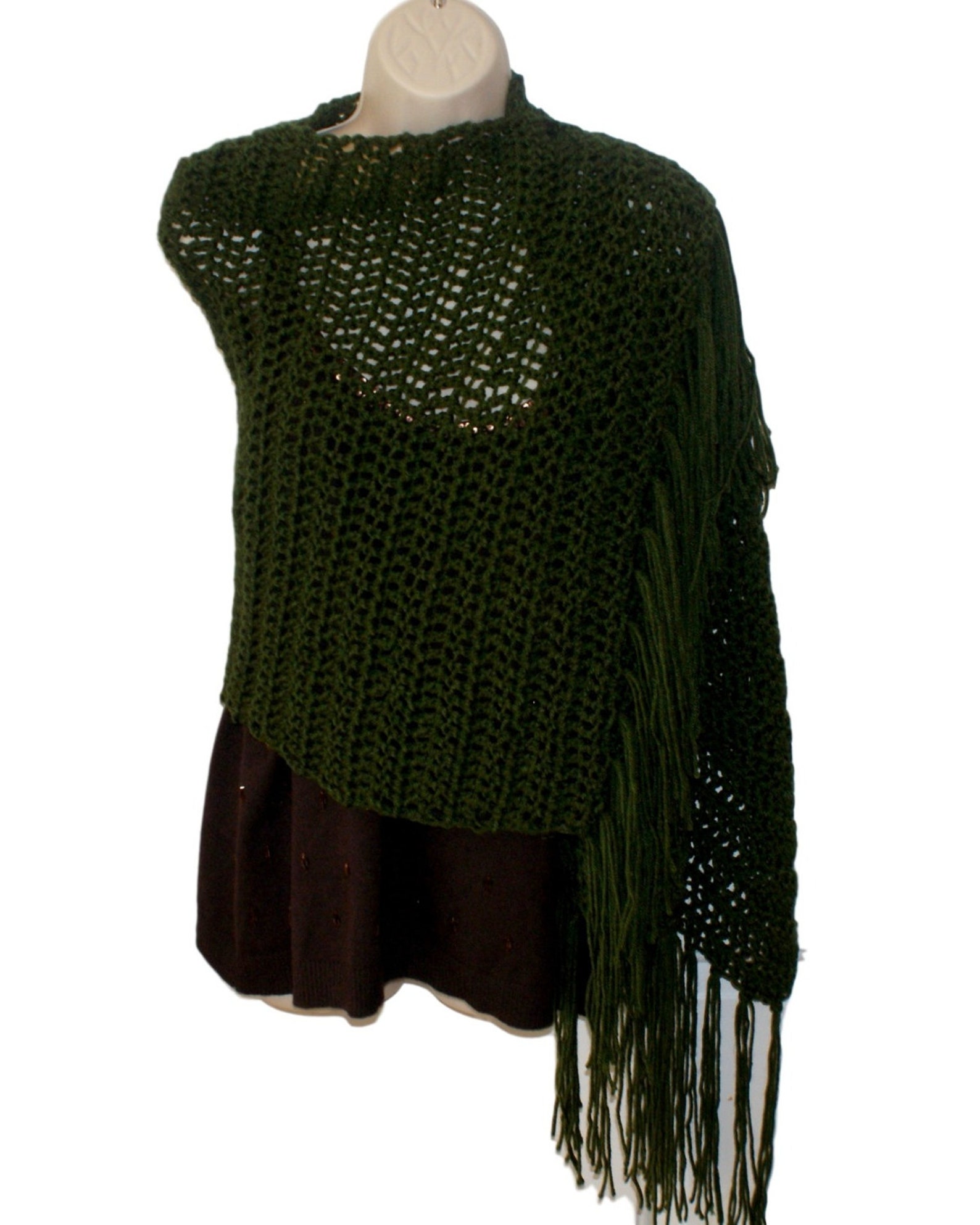 Crochet Fringe Shawl, Dark Olive Green Wrap, Elegant Fashion Stole - Etsy