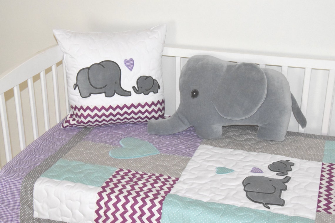 Elephant Baby Quilt, Gray Purple Teal Crib Bedding, Purple Chevron ...
