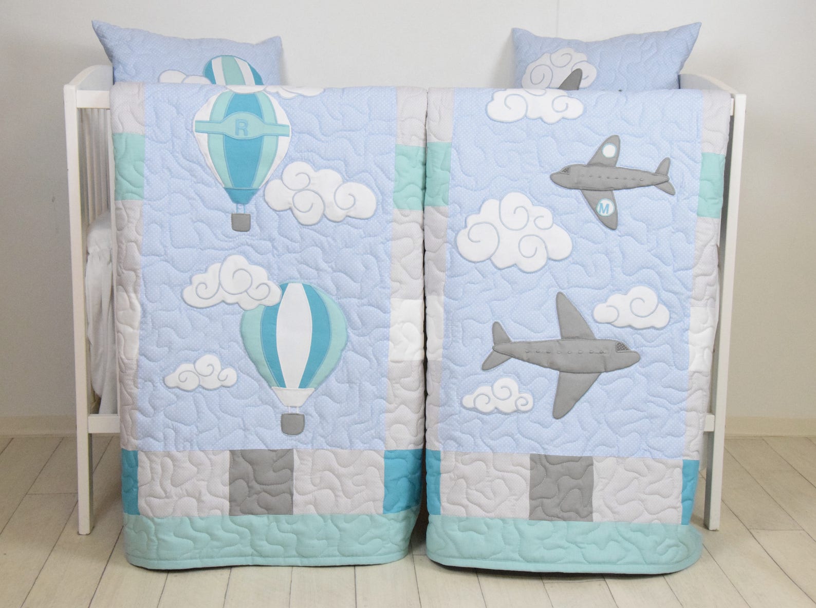Airplane Baby Blanket, Clouds Crib Quilt, Fly Away, Modern Nursery ...