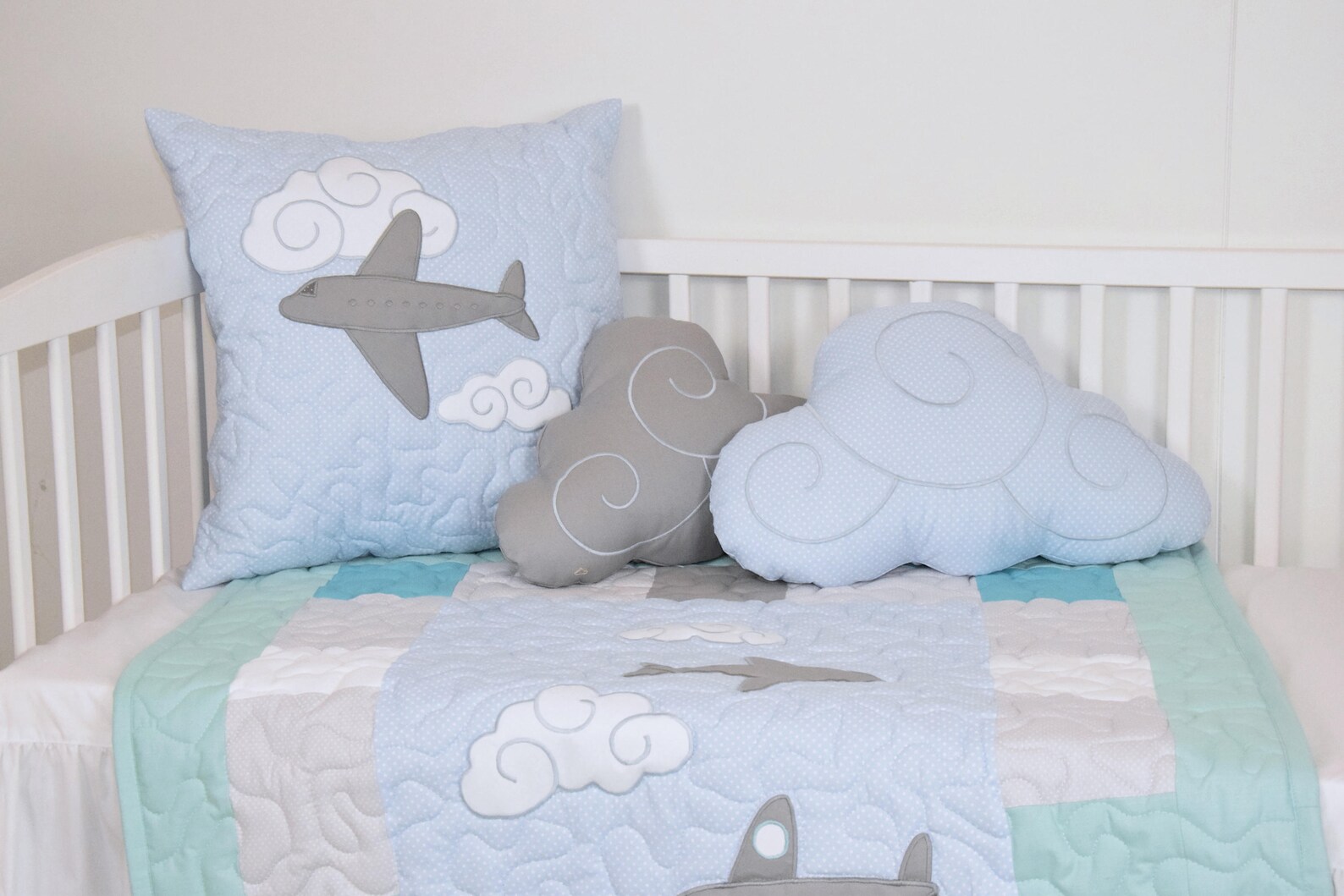 Airplane Baby Blanket, Clouds Crib Quilt, Fly Away, Modern Nursery ...