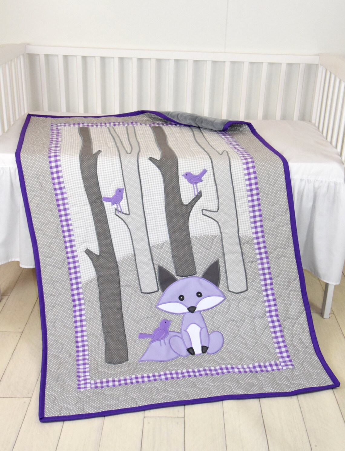 Woodland Blanket, Birch Tree Crib Quilt, Personalized Fox Crib Bedding ...