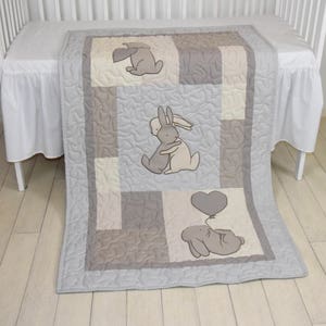 Bunny Baby Crib Quilt, Rabbit Blanket, Neutral Bunnies Bedding for Baby ...