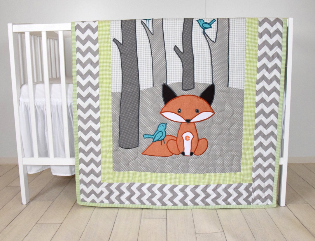 Woodland Blanket, Birch Tree Crib Quilt, Personalized Fox Crib Bedding ...