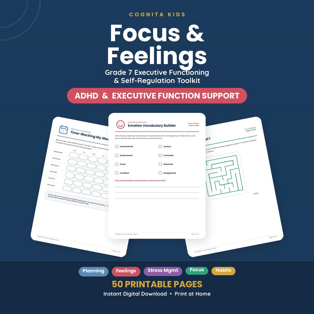 Grade 7 ADHD Executive Functioning Toolkit, Self-regulation Worksheets ...