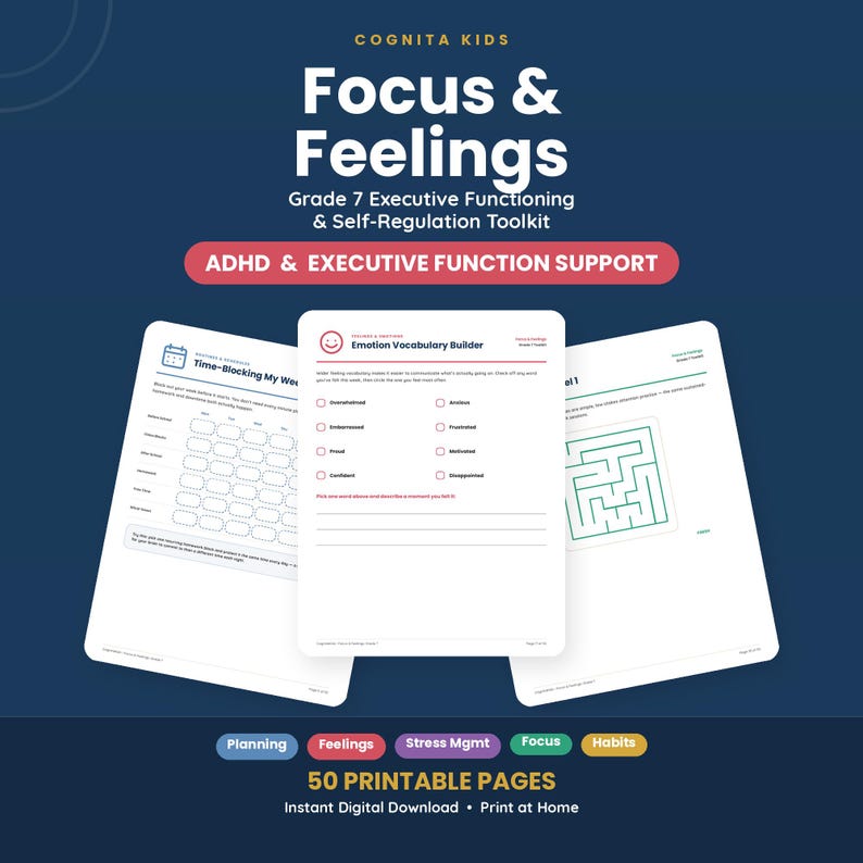 Grade 7 ADHD Executive Functioning Toolkit, Self-regulation Worksheets ...